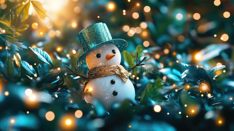 Festive Snowman with Glittering Top Hat in Magical Forest Setting Stock ...