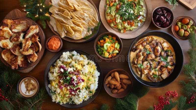 A Festive Spread of Food with Various Dishes and Christmas Decorations ...