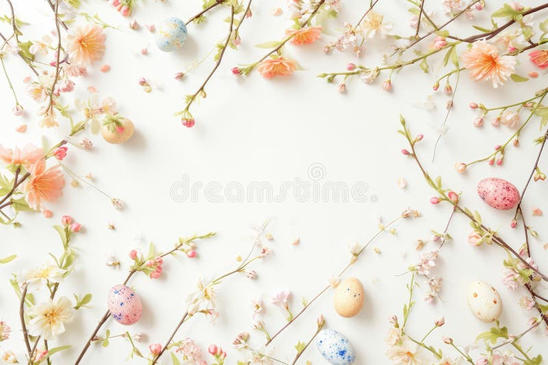 Festive Spring Blossom Frame with Pastel Easter Eggs Stock Photo ...