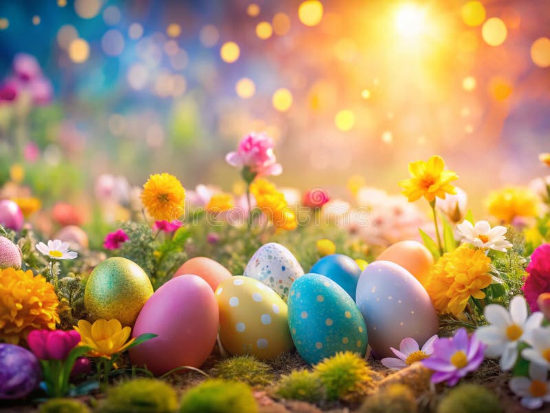 Festive Spring Border of Long Exposure Easter Eggs and Flowers a ...