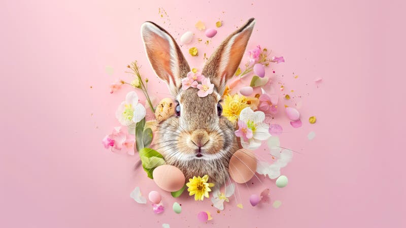 Festive Spring Rabbit Surrounded by Flowers and Easter Eggs on Pink ...