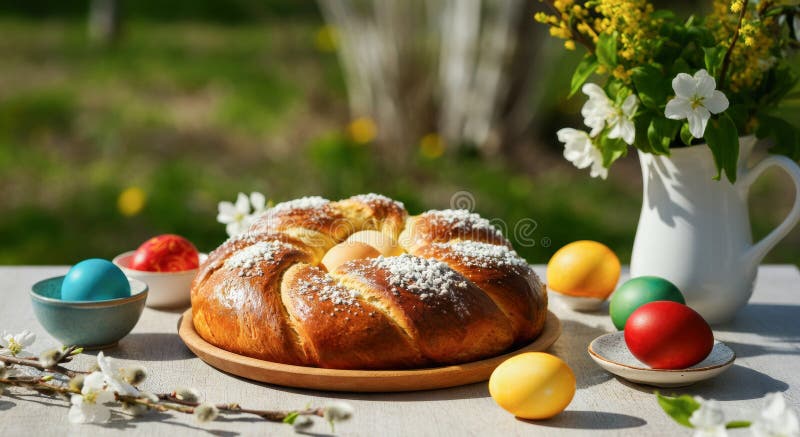 Festive Spring Table with Traditional Greek Easter Bread Tsoureki and ...