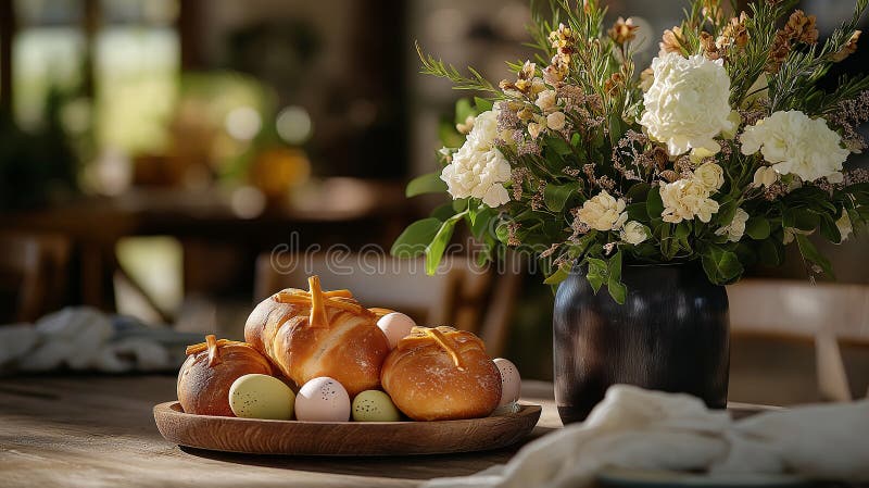 Festive Springtime Display Featuring Bread, Eggs, and Floral ...