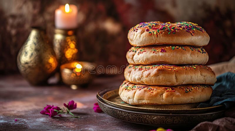 Festive Sprinkled Bread Stack, Candlelit Setting, Middle Eastern Theme ...