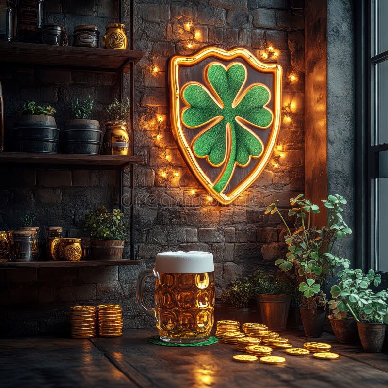 A Festive St Patricks Day Scene with a Rustic Table, Beer Pints, Coins ...