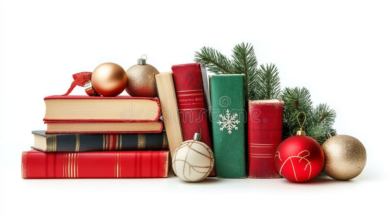 Festive Stack of Books with Ornaments, Candles, and Pinecones, Ready To ...