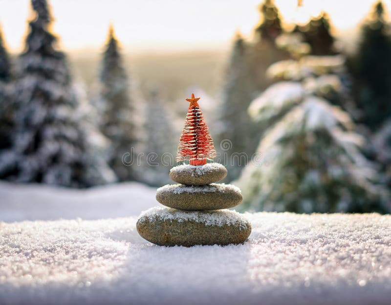 Festive Stack of Pebbles with Mini Christmas Tree and Snow-Covered ...