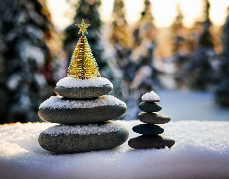 Festive Stack of Pebbles with Mini Christmas Tree and Snow-Covered ...