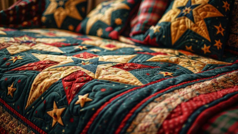 Festive Star Patchwork Quilt with Colorful Designs on a Cozy Bed Stock ...