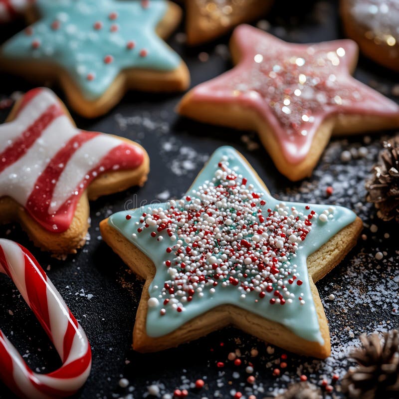Festive Star-shaped Sugar Cookies Decorated with Icing and Sprinkles ...