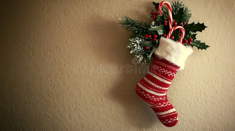 Festive Stocking Hanging with Candy Canes and Holly Stock Illustration ...