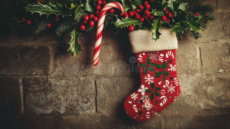 Festive Stocking Hanging with Candy Canes and Holly Stock Illustration ...