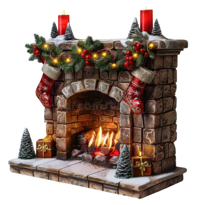 Festive Stone Fireplace with Burning Fire, Christmas Decorations, and ...