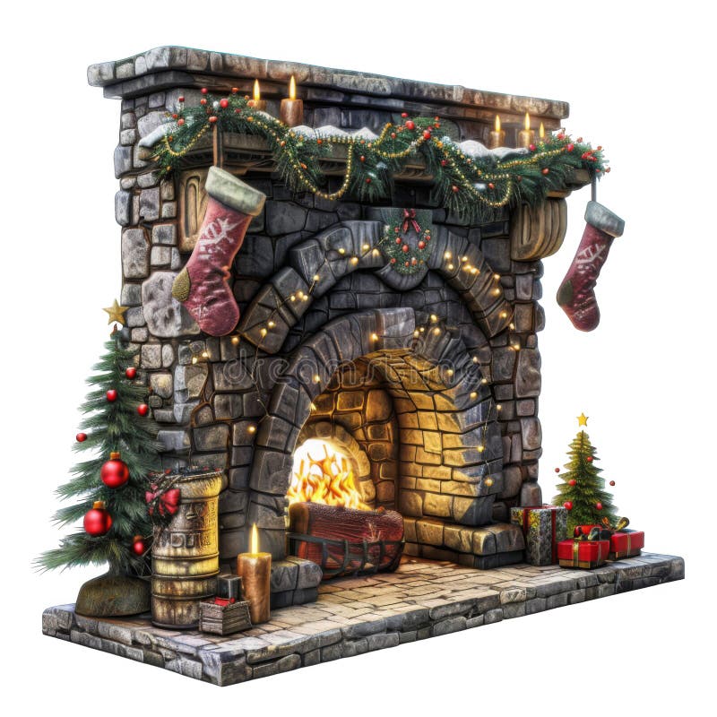 Festive Stone Fireplace with Christmas Decor and Burning Fire Stock ...