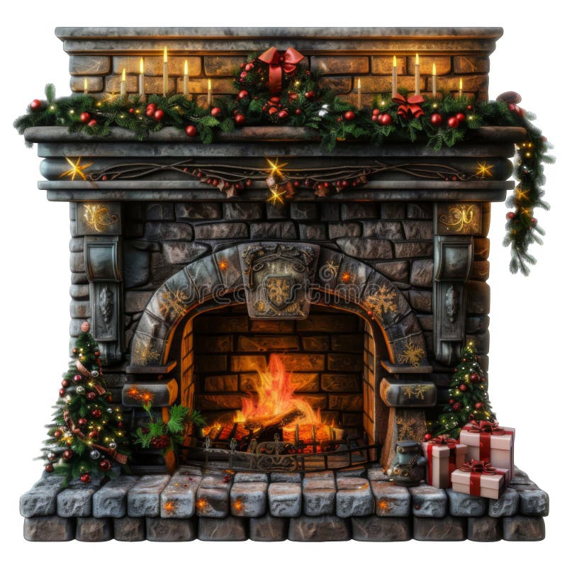 Festive Stone Fireplace with Christmas Decorations and Burning Fire ...
