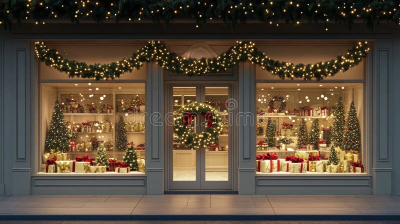 Festive Storefront Christmas Display with Presents, Trees, and Lights ...