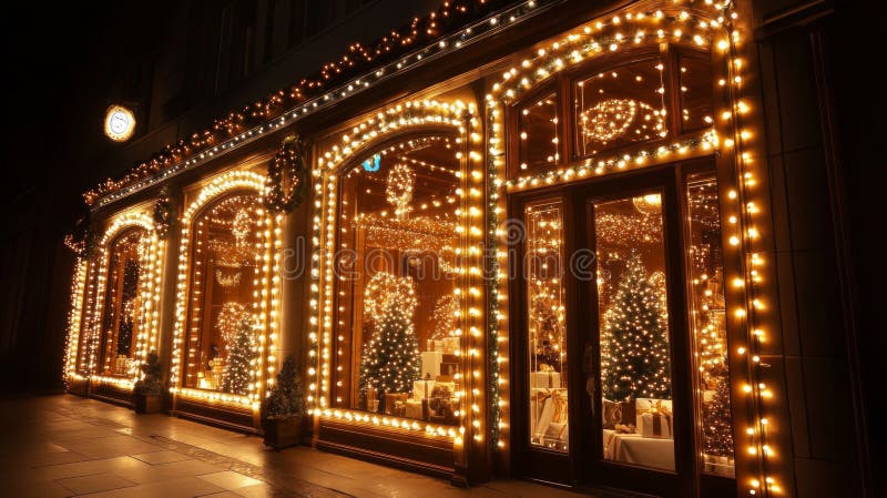 Festive Storefront Displayed with Christmas Lights and Decorations ...