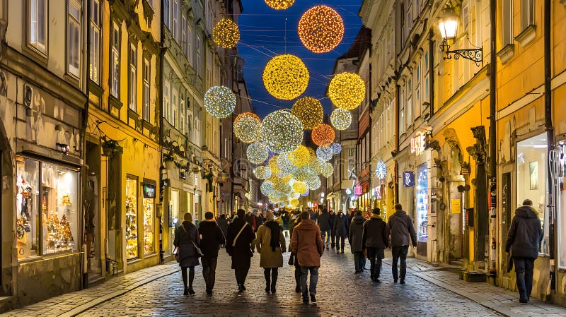 Festive Street Illuminated by Holiday Lights Stock Illustration ...