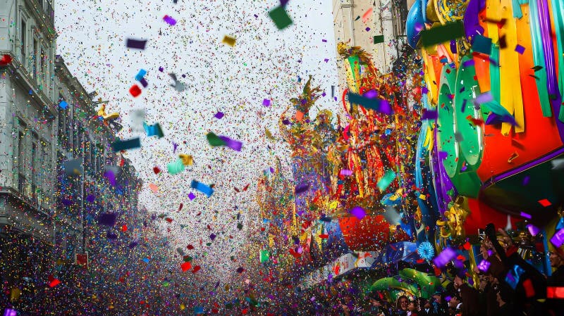 A Festive Street Scene with Confetti Falling from the Sky during a ...