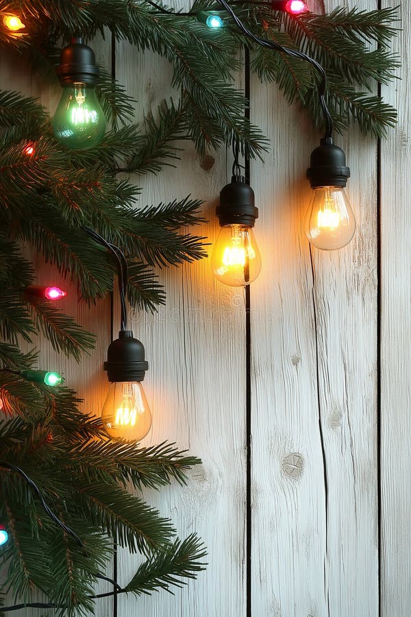 Festive String Lights on Evergreen Branches Against Rustic Wooden ...