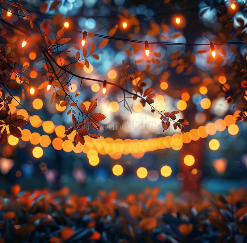 Festive String Lights and Flags Hanging from Tree Branches at Sunset ...
