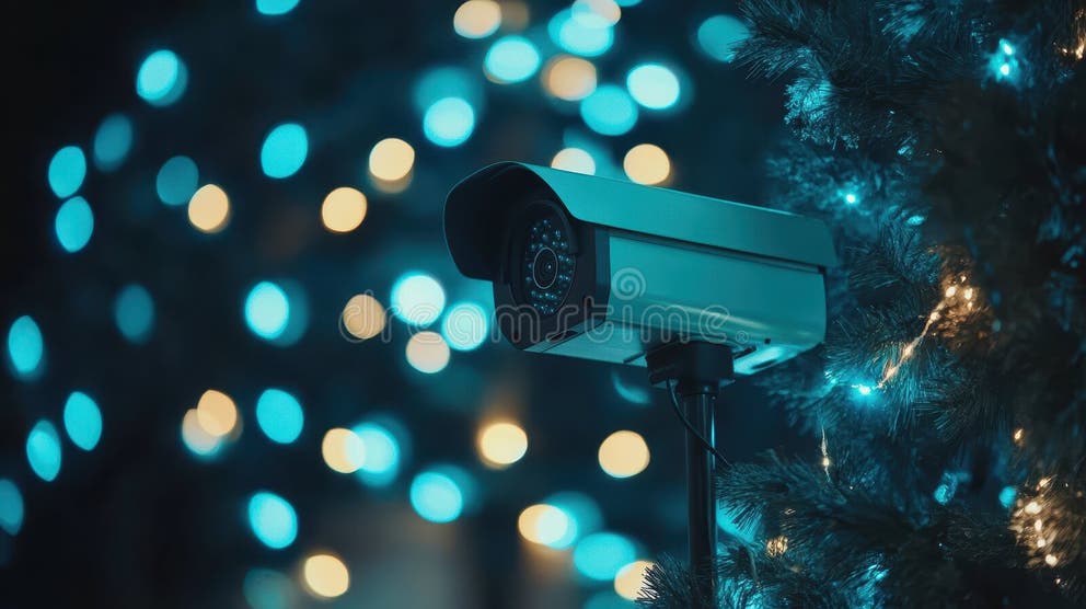 Festive Surveillance Camera among Holiday Lights Tree Stock Photo ...