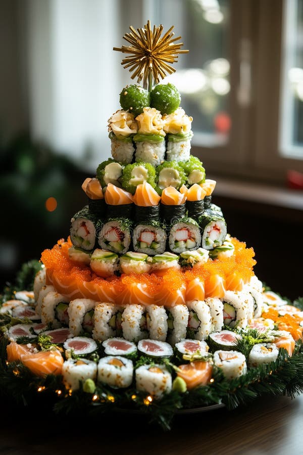 Festive Sushi Tree. a Whimsical and Festive Culinary Masterpiece Stock ...