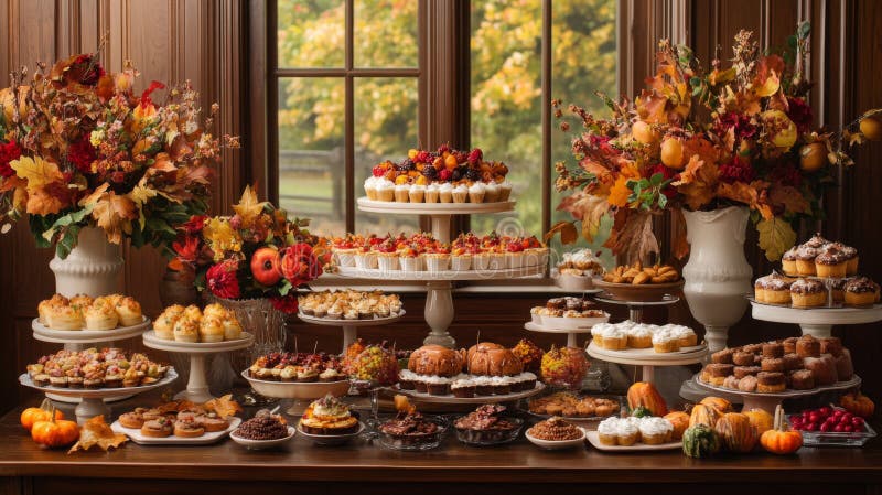 A Festive Table with Autumn-Themed Desserts and Decorations Stock ...