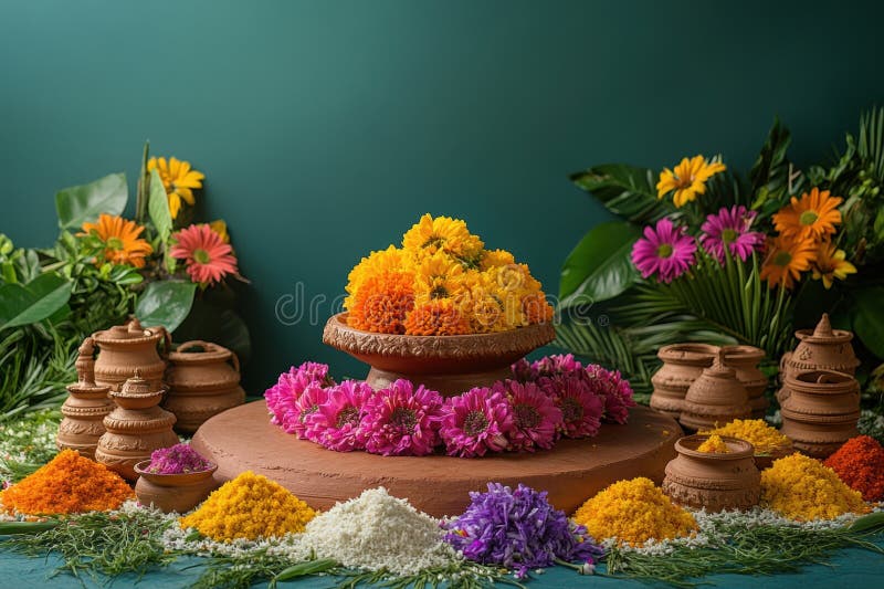 Festive Table Decor, Beautiful Bathukamma Display on a Clay Plate with ...