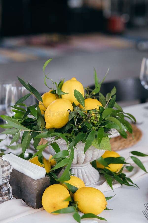 Festive Table Decorated with Lemon Arrangements Stock Photo - Image of ...