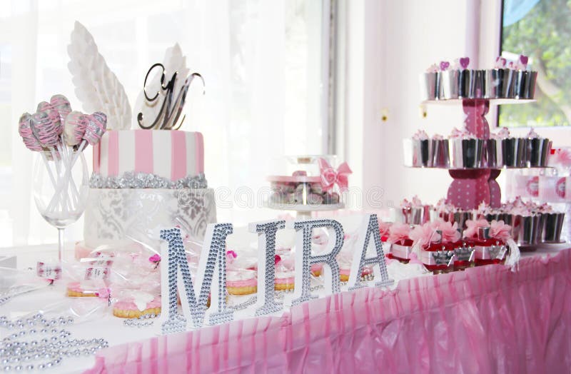 Festive Table Decorations with Cake, Cupcakes, Sweets and Gifts in Pink ...