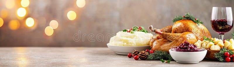 A Festive Table Display Featuring Roasted Turkey, Mashed Potato, and ...