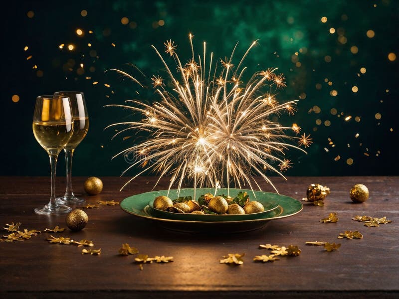 Festive Table with Fireworks and Champagne Stock Photo - Image of ...