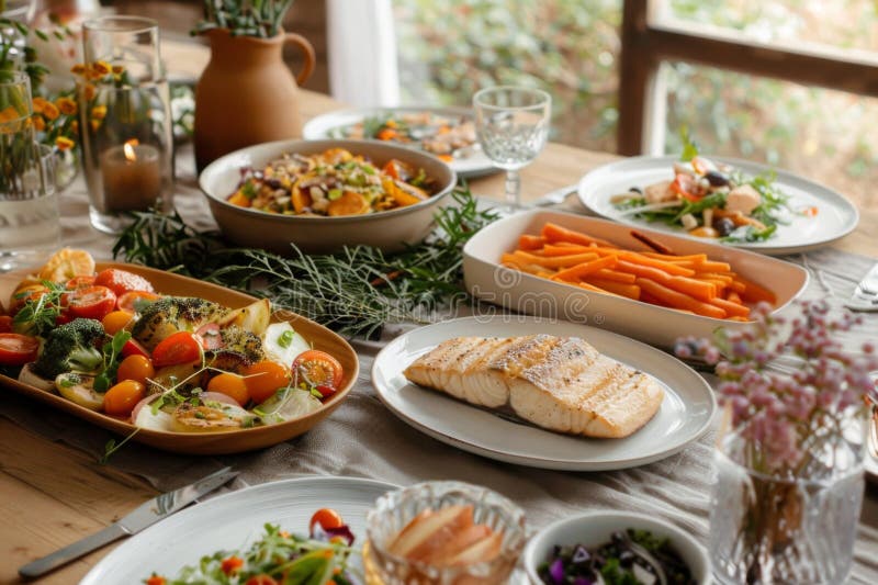 Festive Table with Fish and Vegetable Dishes in Rustic Style. Stock ...