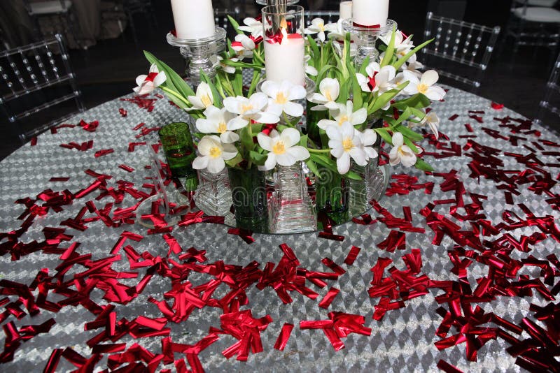 Festive Table with Flowers, Strewn with Red Confetti Stock Image ...