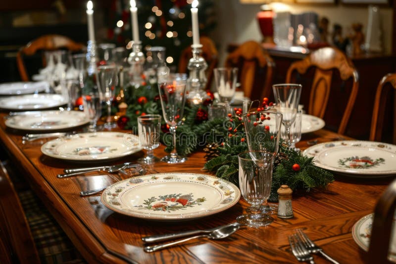 Festive Table Set for Christmas Dinner Stock Photo - Image of setting ...