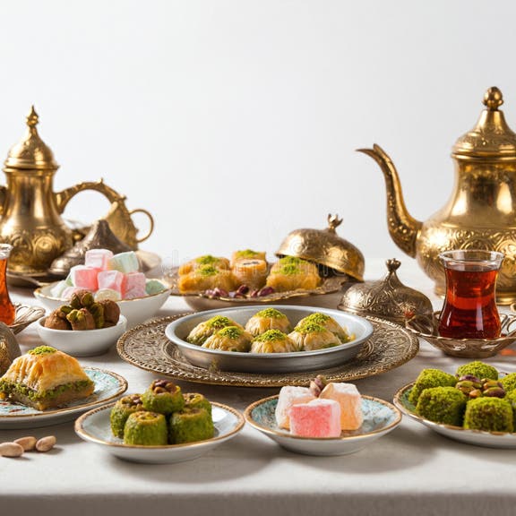 A Festive Table Setting with Assorted Turkish Sweets and Traditional ...