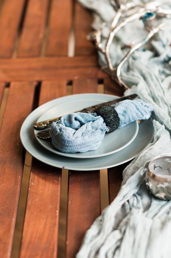 Festive Table Setting - Blue Plates and Cuttlery Stock Image - Image of ...