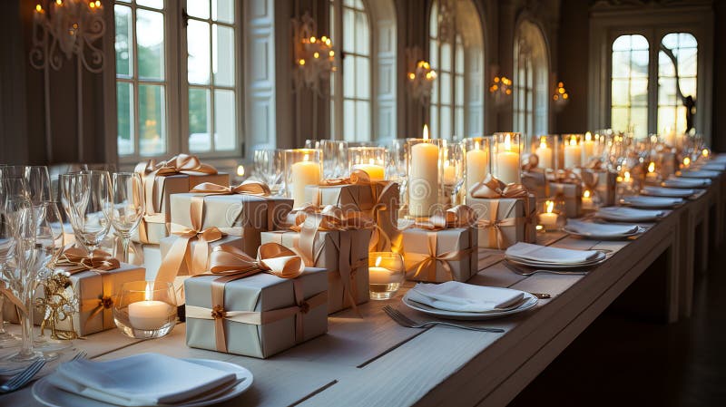 Festive Table Setting with Candles and Gift Boxes in the Restaurant ...