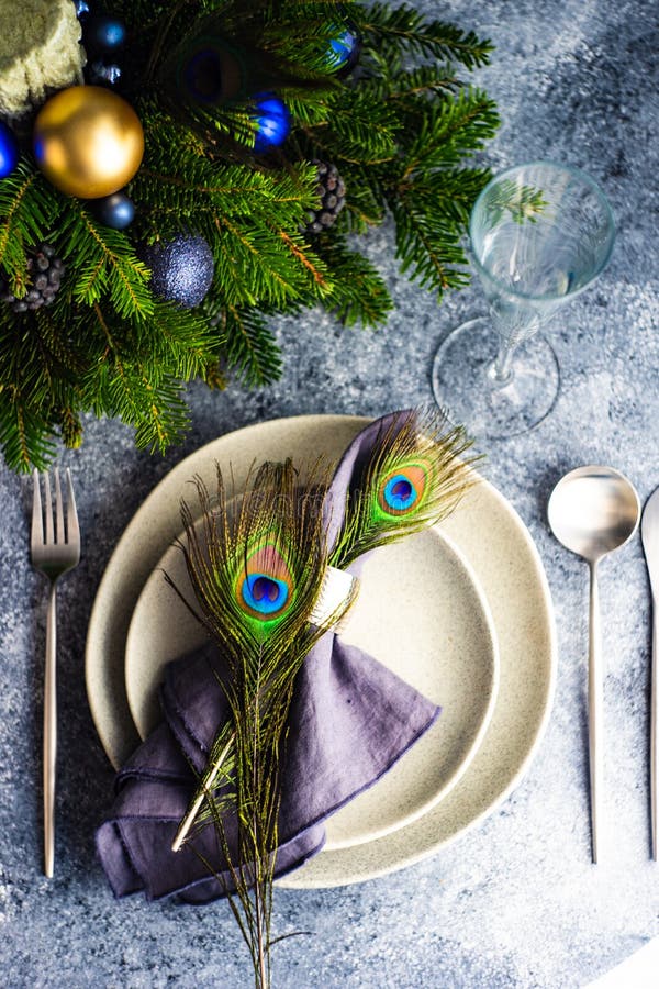 Festive Table Setting for Christmas Dinner Stock Photo - Image of blue ...