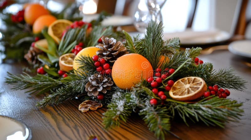 Festive Table Setting with Citrus and Pinecone Arrangement Stock Photo ...