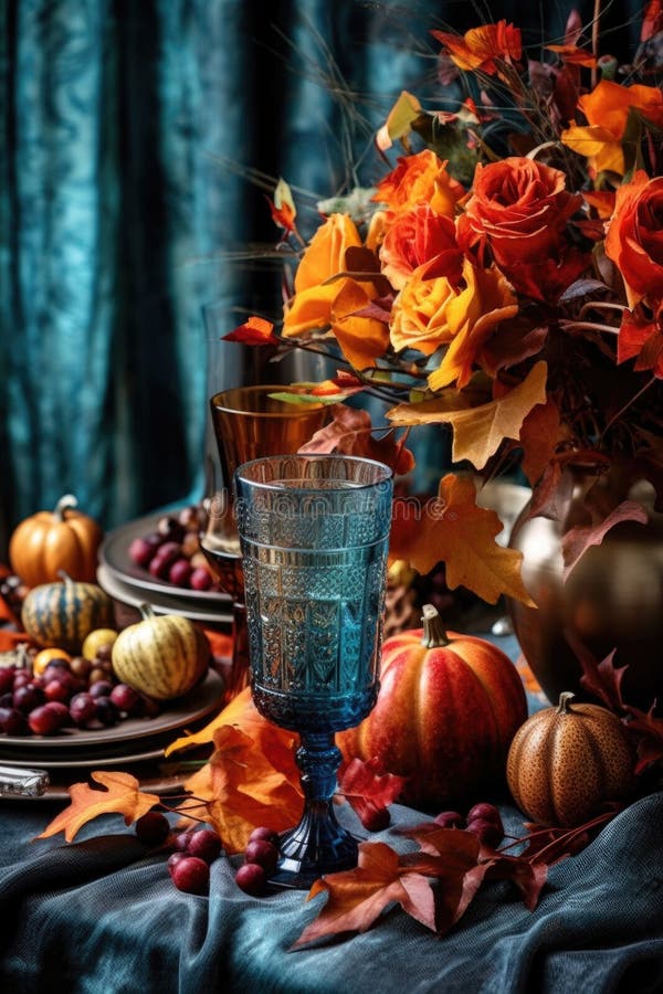 Festive Table Setting with Colorful Autumn Leaves Stock Illustration ...