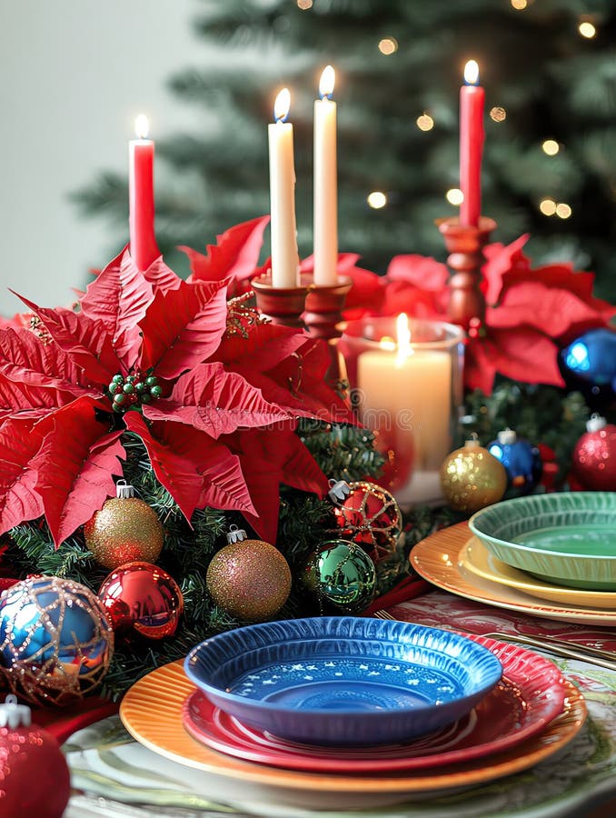 Festive Table Setting with Colorful Plates, Candles, and Holiday ...