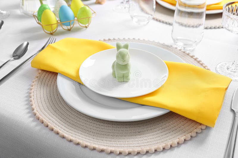 Festive Table Setting with Cutlery, Plate and Bunny Figure. Easter ...