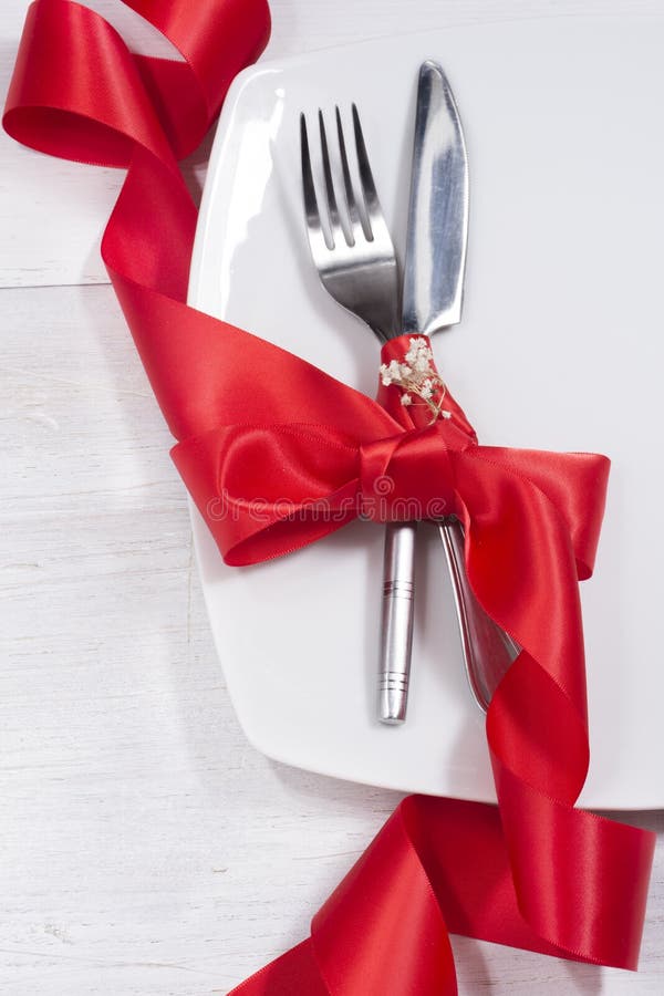 Festive Table Setting and Decoration with Red Ribbon Stock Image ...