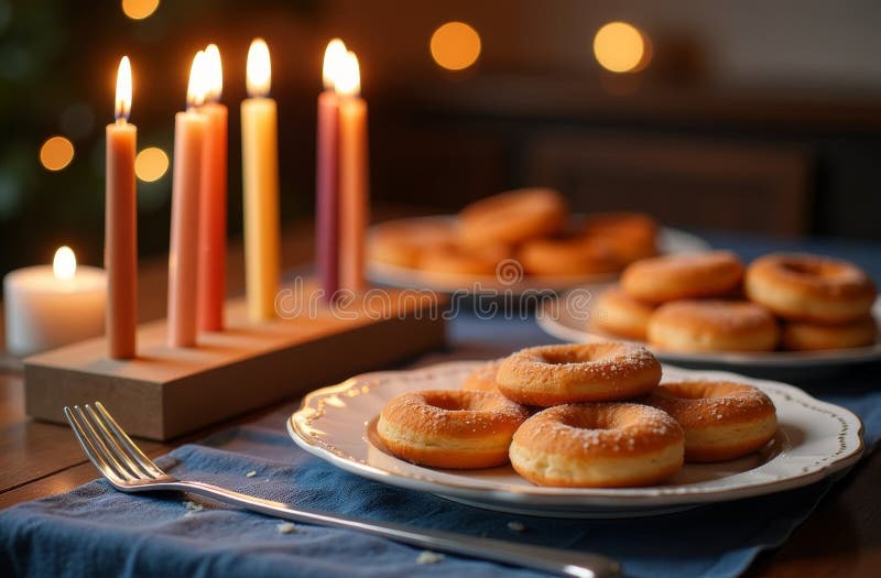 Festive Table Setting with Donuts and Beautiful Candles during a Cozy ...