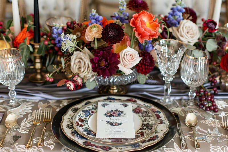 Festive Table Setting Featuring an Invitation Card and Vibrant, Clean ...