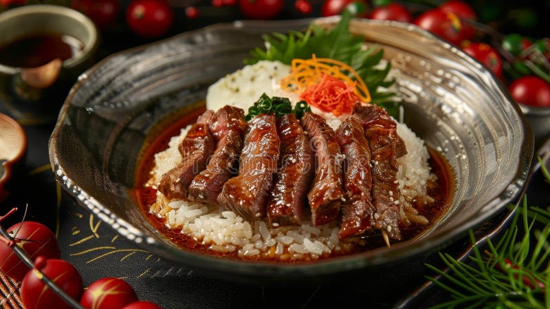 Festive Table Setting Featuring Teriyaki Beef and Rice in a Vibrant and ...