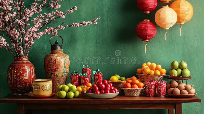 Festive Table Setting with Fruits, Lanterns, and Flowers Stock ...