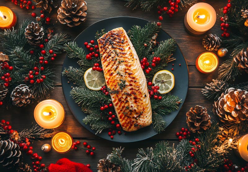A Festive Table Setting with Grilled Fish Lemon and Red Berries Stock ...